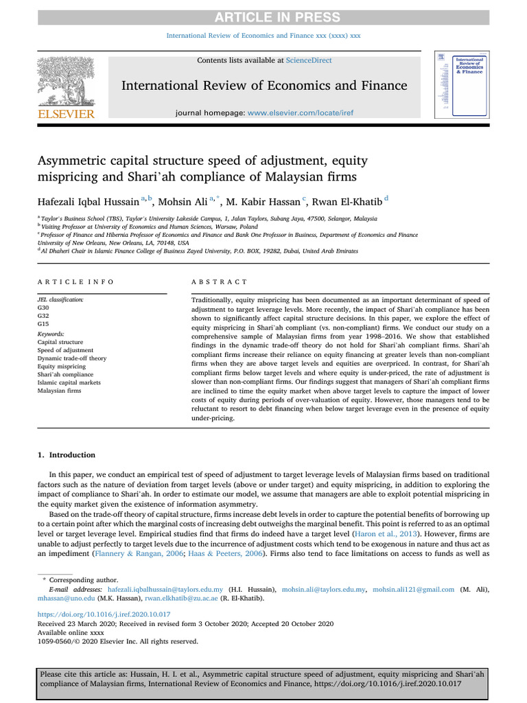 Asymmetric Capital Structure Speed of Adjustment, Equity Mispricing and Shari'ah Compliance of ...