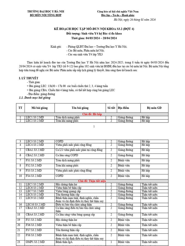 Lich Hoc Cua Y4ĐK YK4 S3.2 23 24 Đ T 4 | PDF