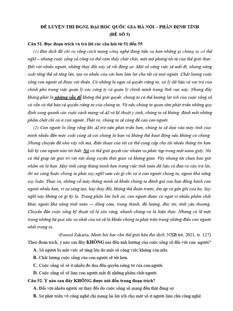 De On Thi Danh Gia Nang Luc DHQGHN Phan Tu Duy Dinh Tinh de 11 | PDF