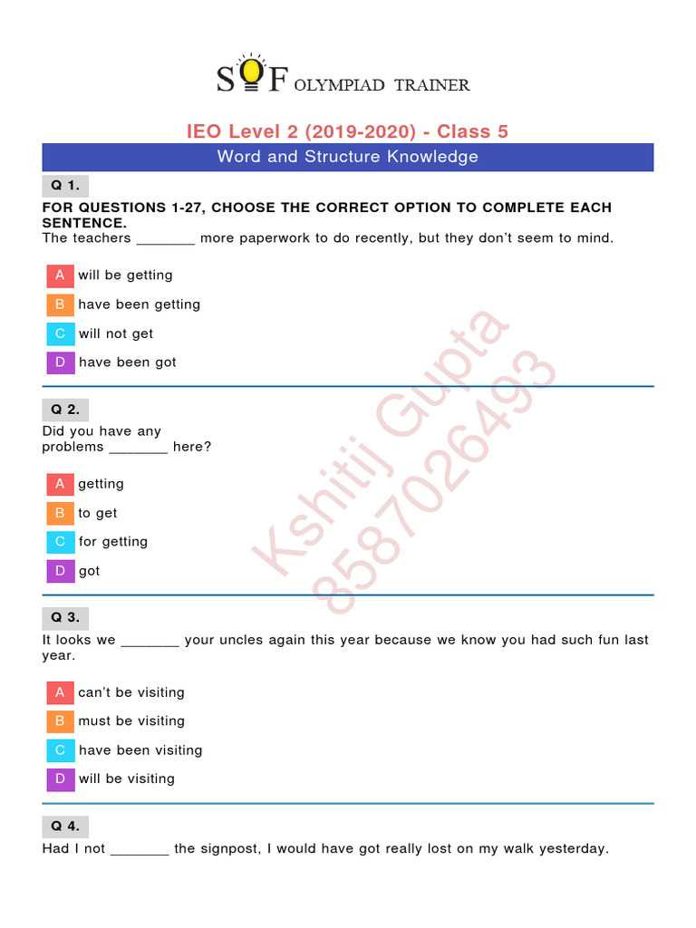 IEO_Level_2_(2019-2020)_-_Class_5 | PDF | Memory | Happiness