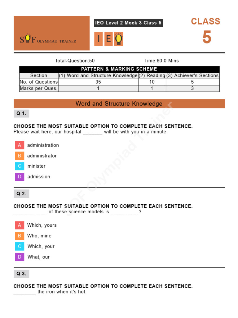 IEO Level2 Mock3 Class5 | PDF | Toothbrush | Mouth