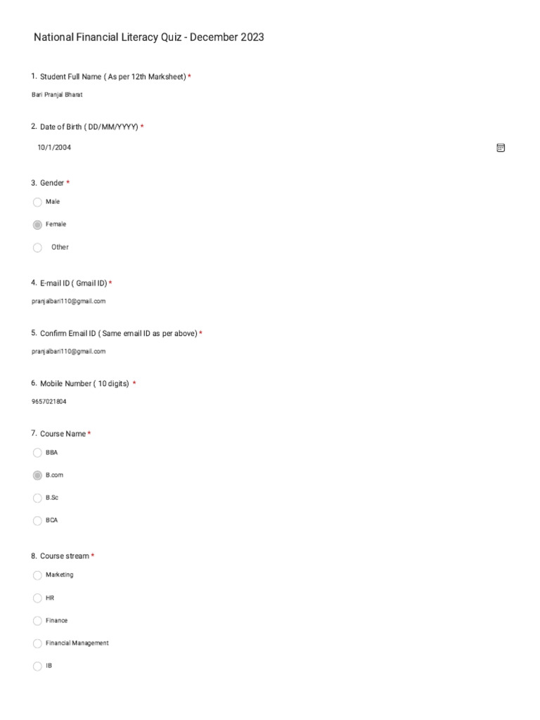 National Financial Literacy Quiz - December 2023 | PDF