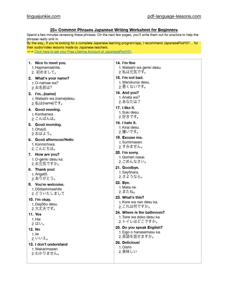25 Beginner Phrases Japanese Worksheet | PDF