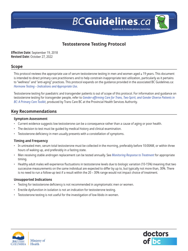 Testosterone Testing Protocol Guidelines | PDF | Testosterone | Medicine