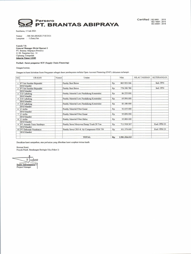 0 Surat Pengantar SCF | PDF