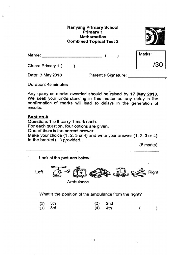 P1 Maths 2018 Nanyang Test2 Papers | PDF