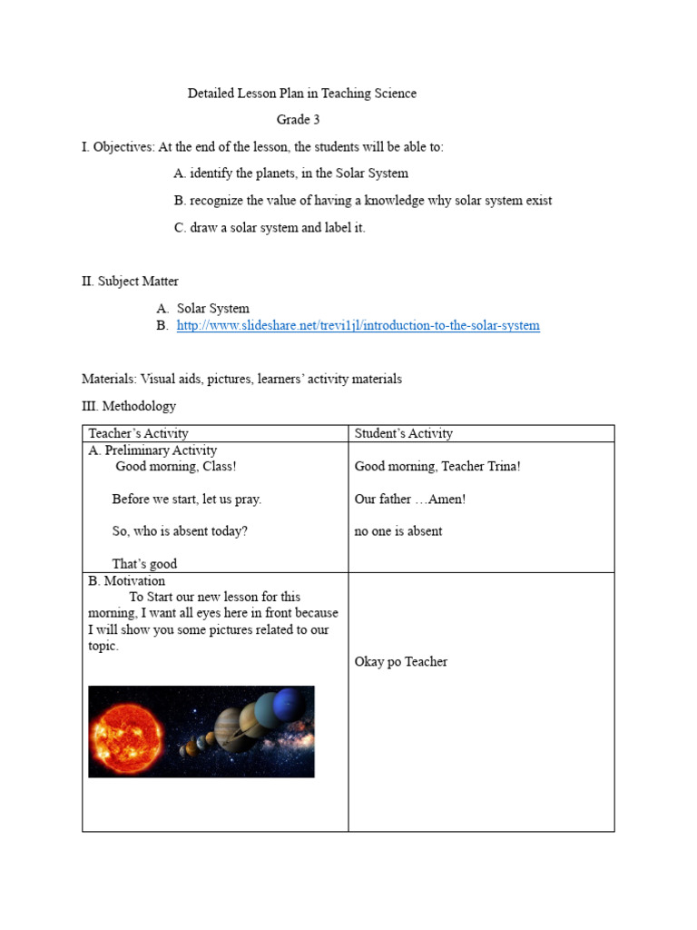 Detailed Lesson Plan in Teaching Science-Trina Cañedo | PDF | Planets ...