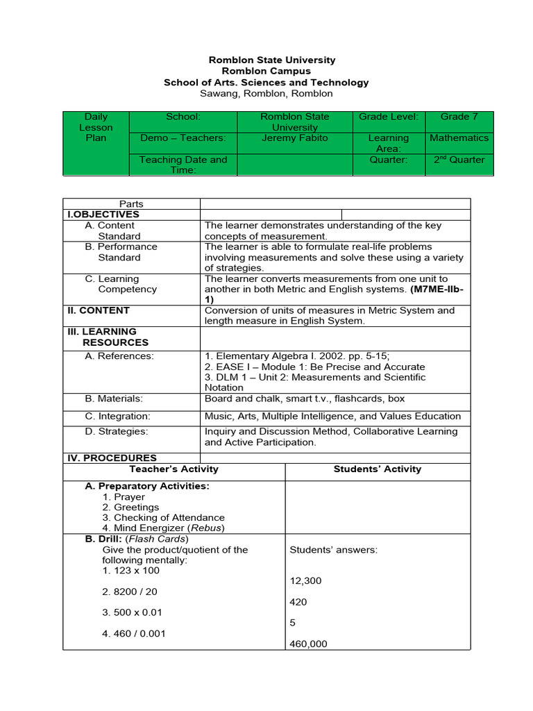 Grade 7 Math Lesson Plan: Unit Conversion | PDF | Foot (Unit) | Ratio