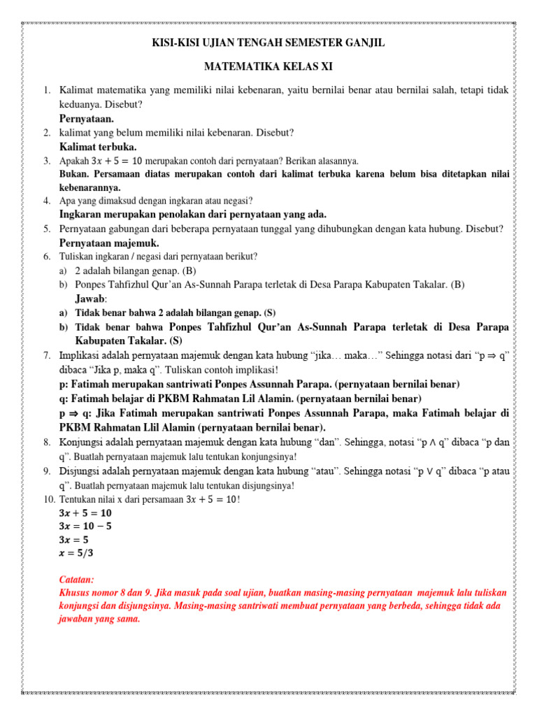 KISI-KISI MATEMATIKA KELAS XI Fix | PDF | Seni & Disiplin Bahasa | Metode & Bahan Ajar