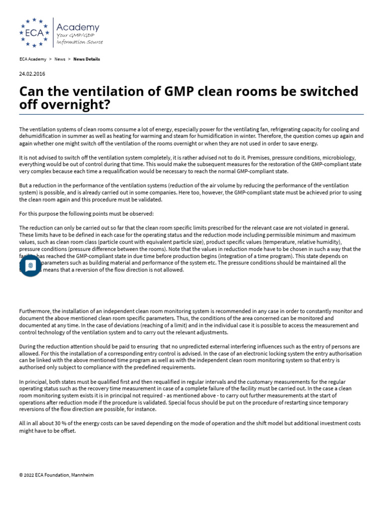 GMP Clean Room Ventilation Guidelines | PDF | Ventilation (Architecture ...
