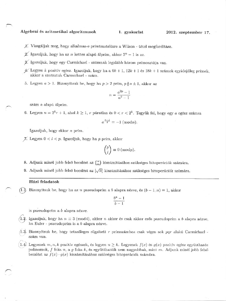 Algebrai Algoritmusok Feladatok 2012 | PDF
