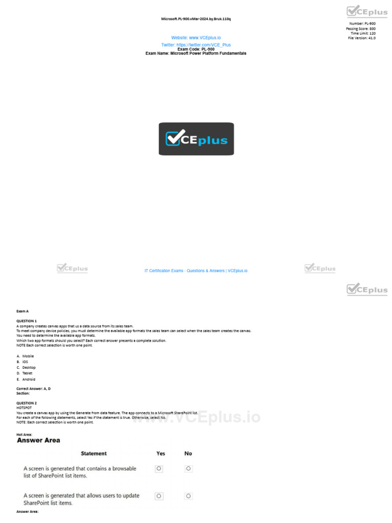 Microsoft - PL 900.VMar 2024.by .Bruk .110q | Download Free PDF | Mobile App | Databases