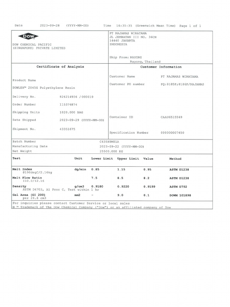COA No. C635N9M01A - DOWLEX 2045G | PDF
