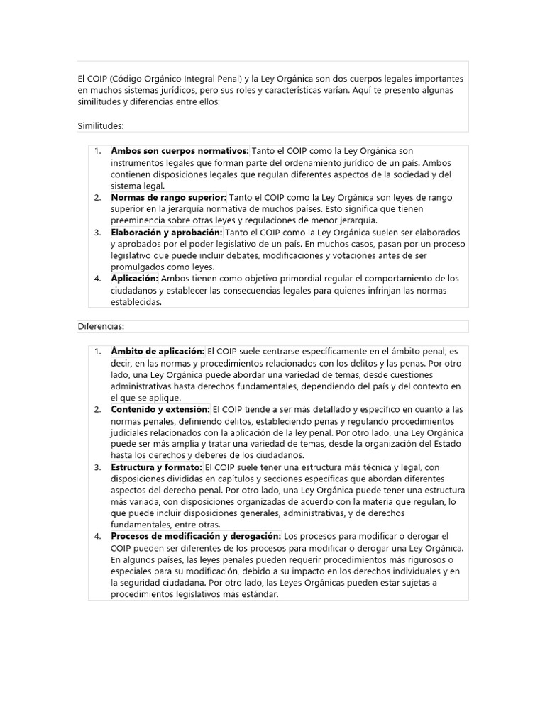 Similitudes y diferencias COIP y Ley Orgánica | PDF | Derecho penal ...