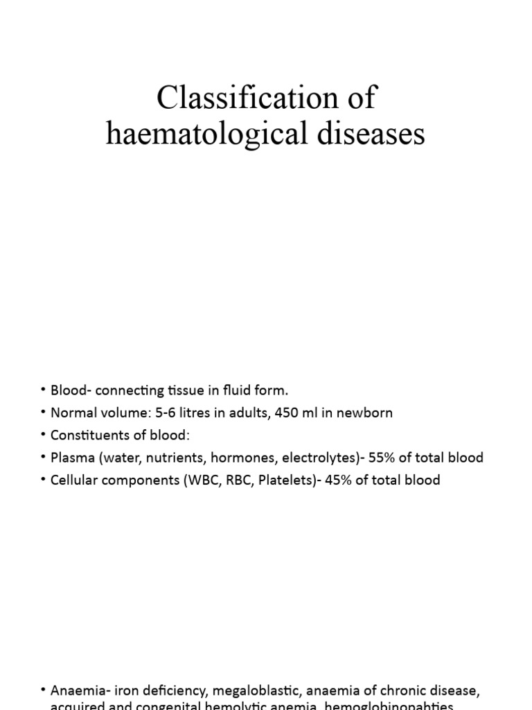 Hematological Disorders Classification | PDF | Anemia | Leukemia