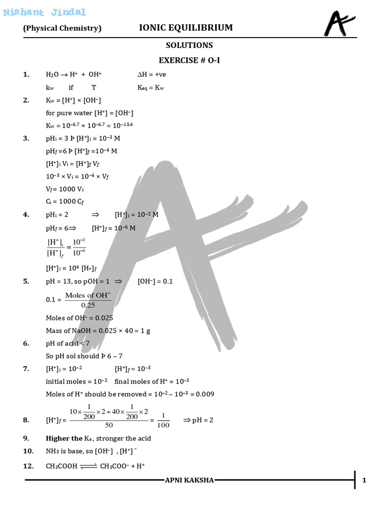 Sheet - 01 (Solution) _ Ionic Equlibrium (Exercise) NJ_247 | PDF | Ph | Acid Dissociation Constant