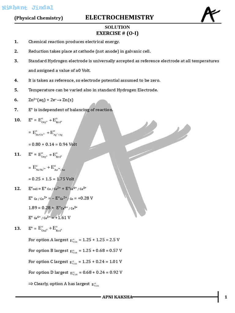Sheet - 01 (Solution) _ Electrochemistry Exercise NJ_247 | PDF | Redox ...