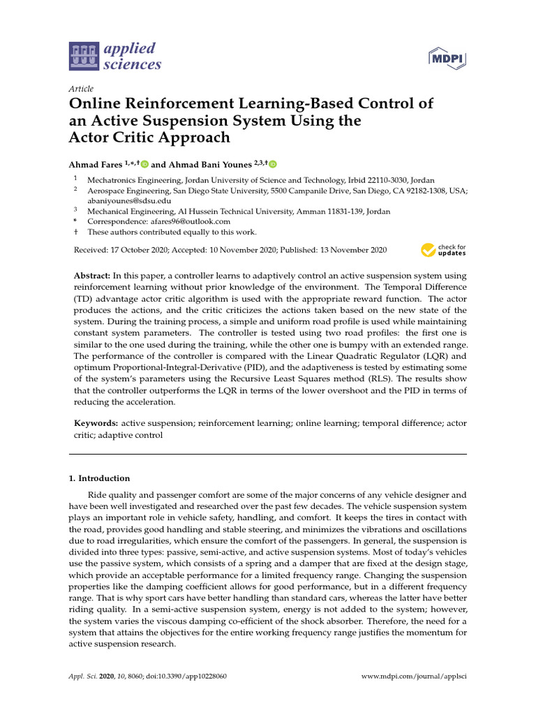 Online Reinforcement Learning-Based Control of an Active Suspension ... Online Reinforcement Learning-Based Control of an Active Suspension ...