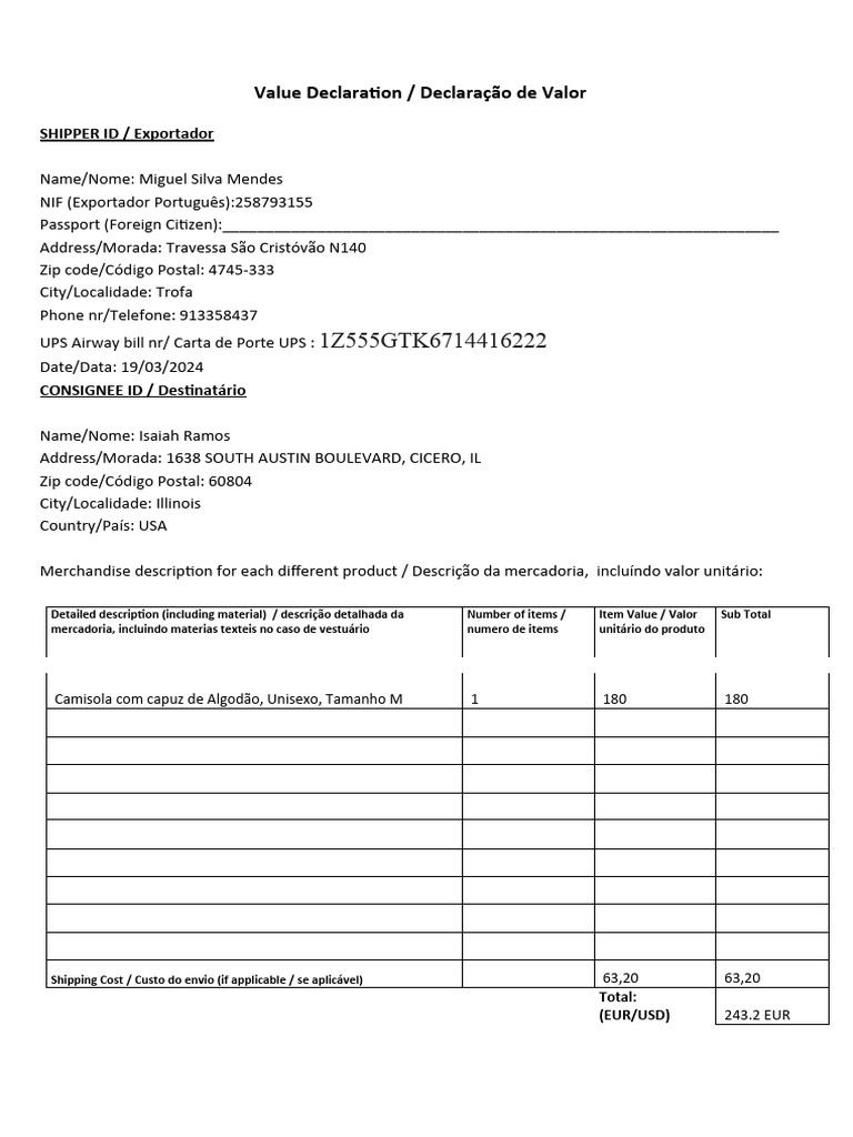 Declaração de Valor Actualizada Envio | PDF