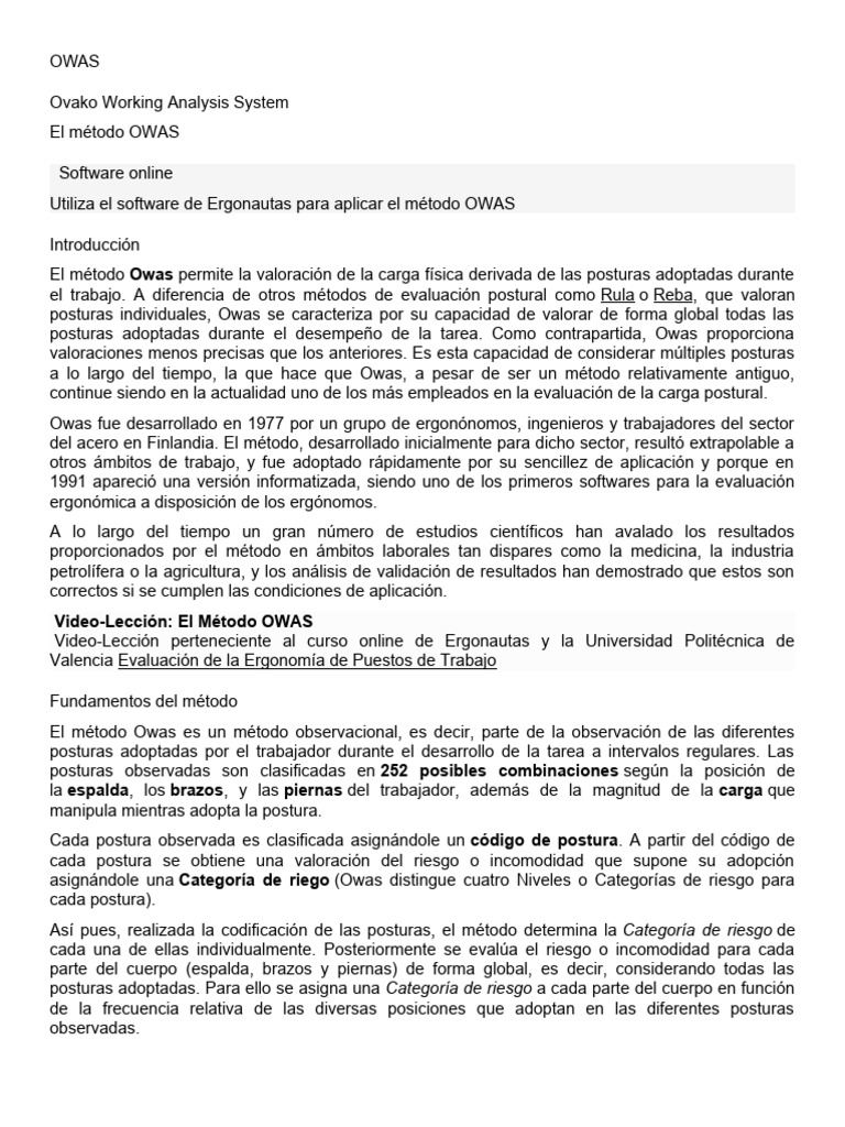 Método OWAS: Evaluación Postural Global | PDF | Frecuencia | Muestreo (Estadísticas)