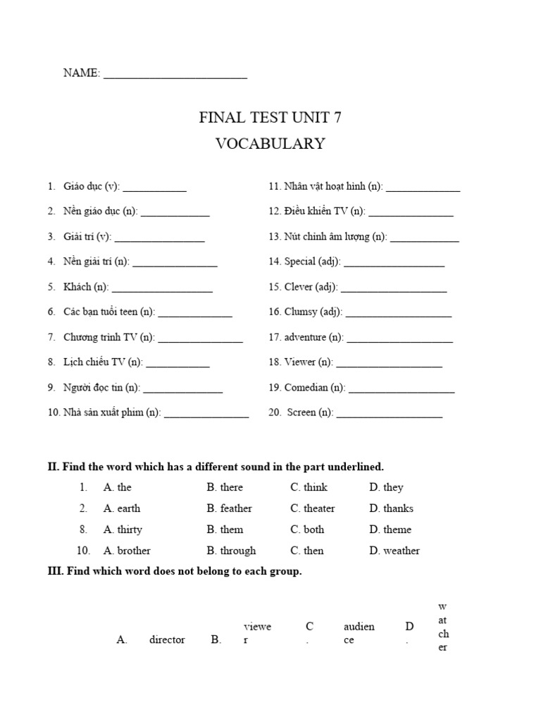 Vocabulary And Language Test Unit 7 Pdf