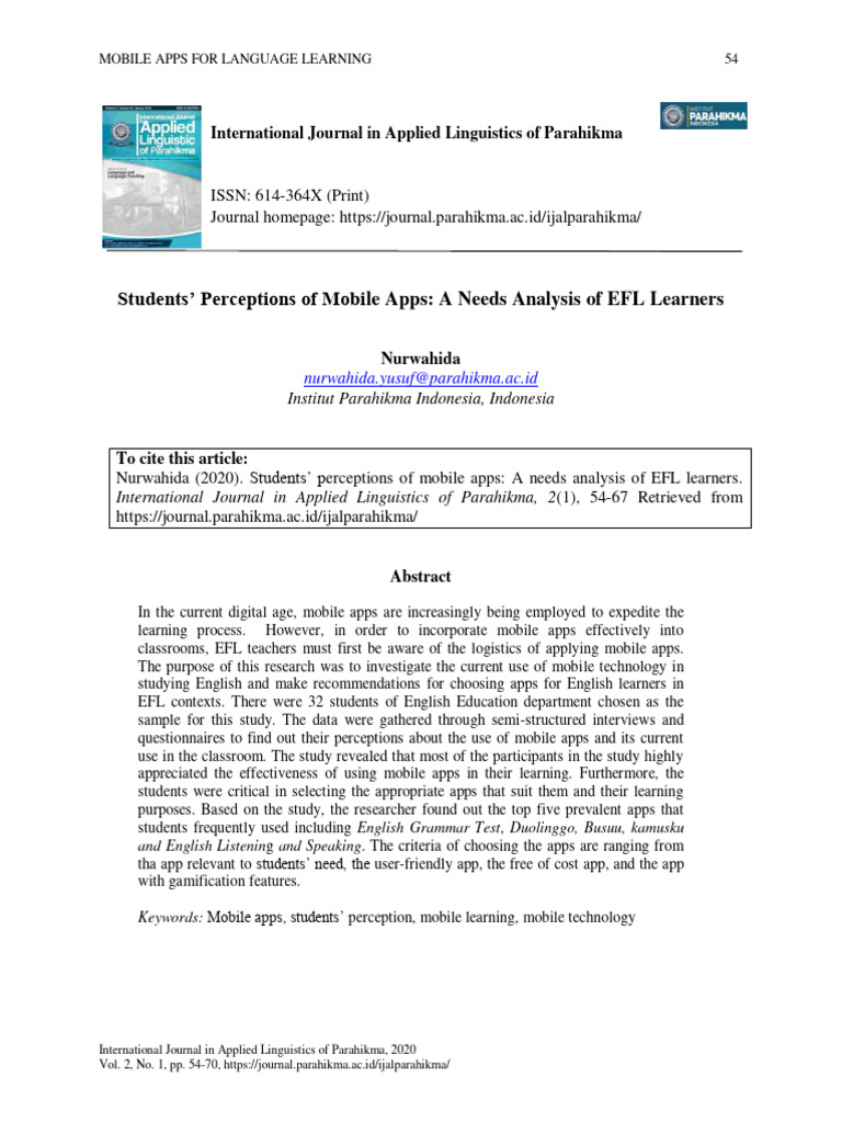 Students’ Perceptions of Mobile Apps A Needs Analysis of EFL Learners ...
