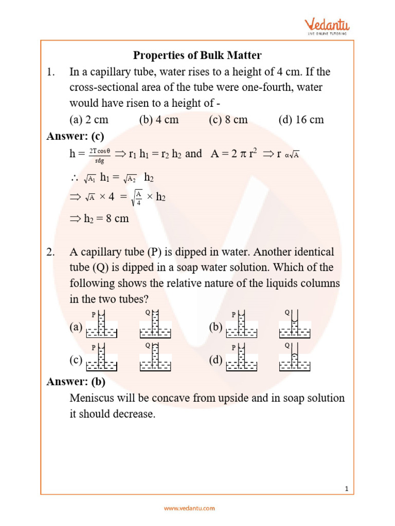 Bulk Matter Important Questions | PDF | Liquids | Surface Tension