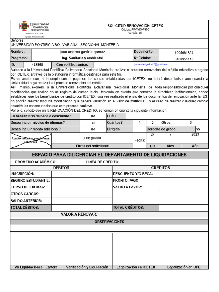 Af-Tmo-F406 Solicitud Renovacion Icetex | PDF