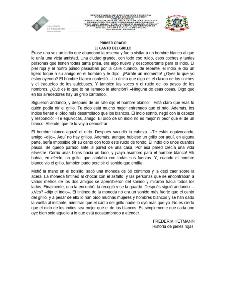 El Canto Del Grillo Lectura Primero | PDF