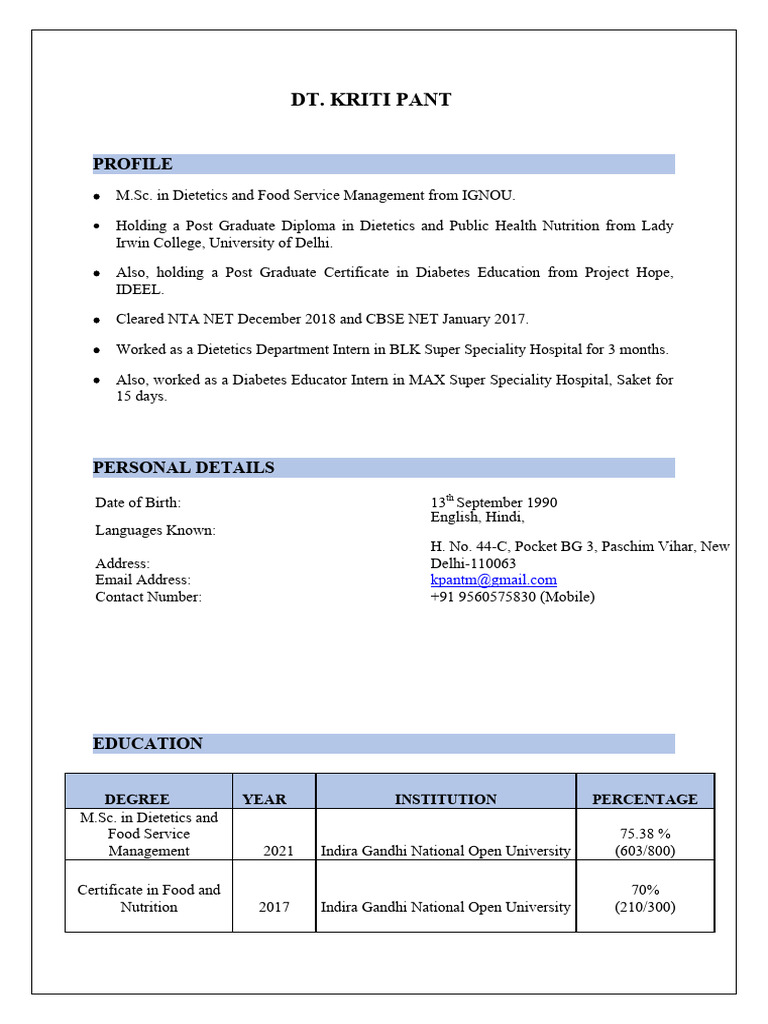 Resume Kriti | PDF | Dietitian | Health Care