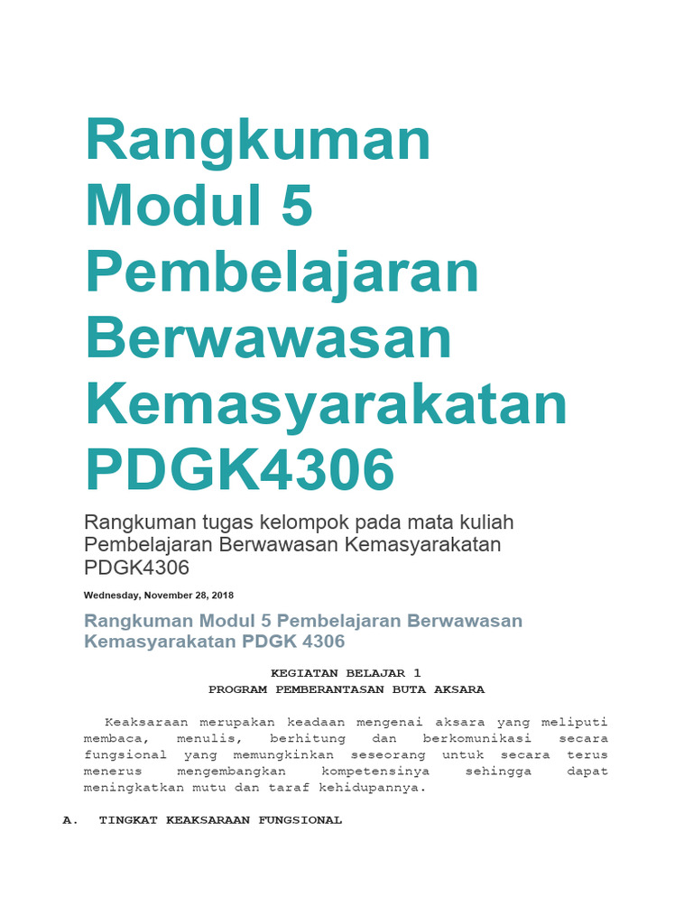 Rekom - Rangkuman Modul 5 Pembelajaran Berwawasan Kemasyarakatan PDGK4306 | PDF