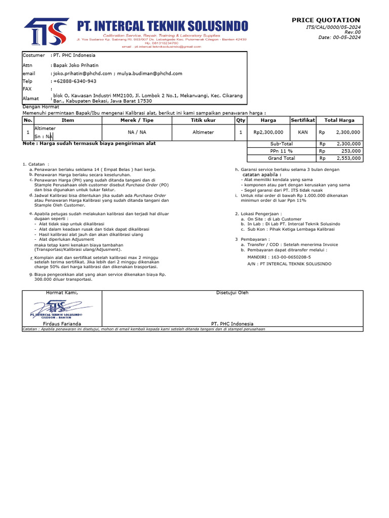 Quotation ITS CAL 0000 PT. PHC Indonesia | PDF