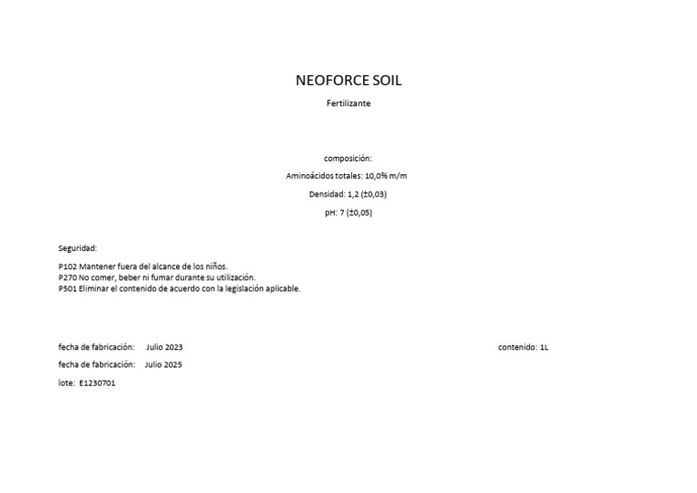 Etiqueta Neoforce Soil Valido | PDF