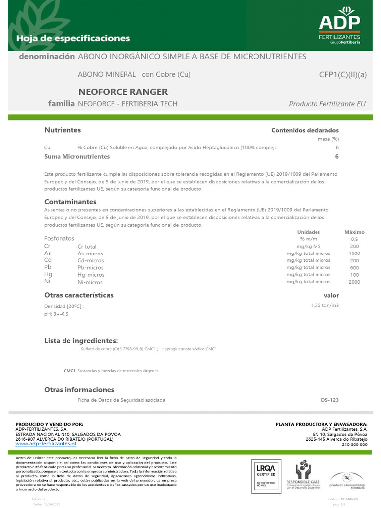 Ep-6586 - Es-Rev.02-21042023 - Neoforce Ranger | PDF | Fertilizante | Cobre
