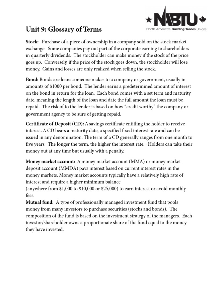 MC3 Unit 9 Financial Literacy Glossary of Financial Literacy Terms ...