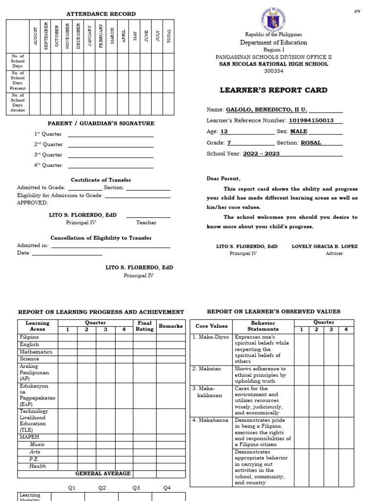 Learner'S Report Card: Department of Education | PDF | Learning
