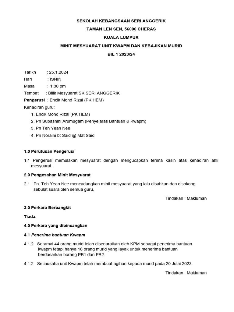 Minit Mesyuarat Unit Kwapm Dan Kebajikan Bil 1 2024 | PDF