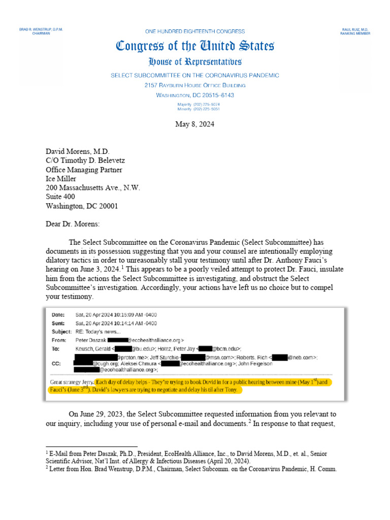 Subpoena for Dr. Morens' Testimony | PDF | Federal Government Of The ...