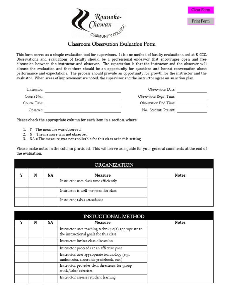 Classroom Observation Evaluation Form | PDF | Teachers | Education Theory