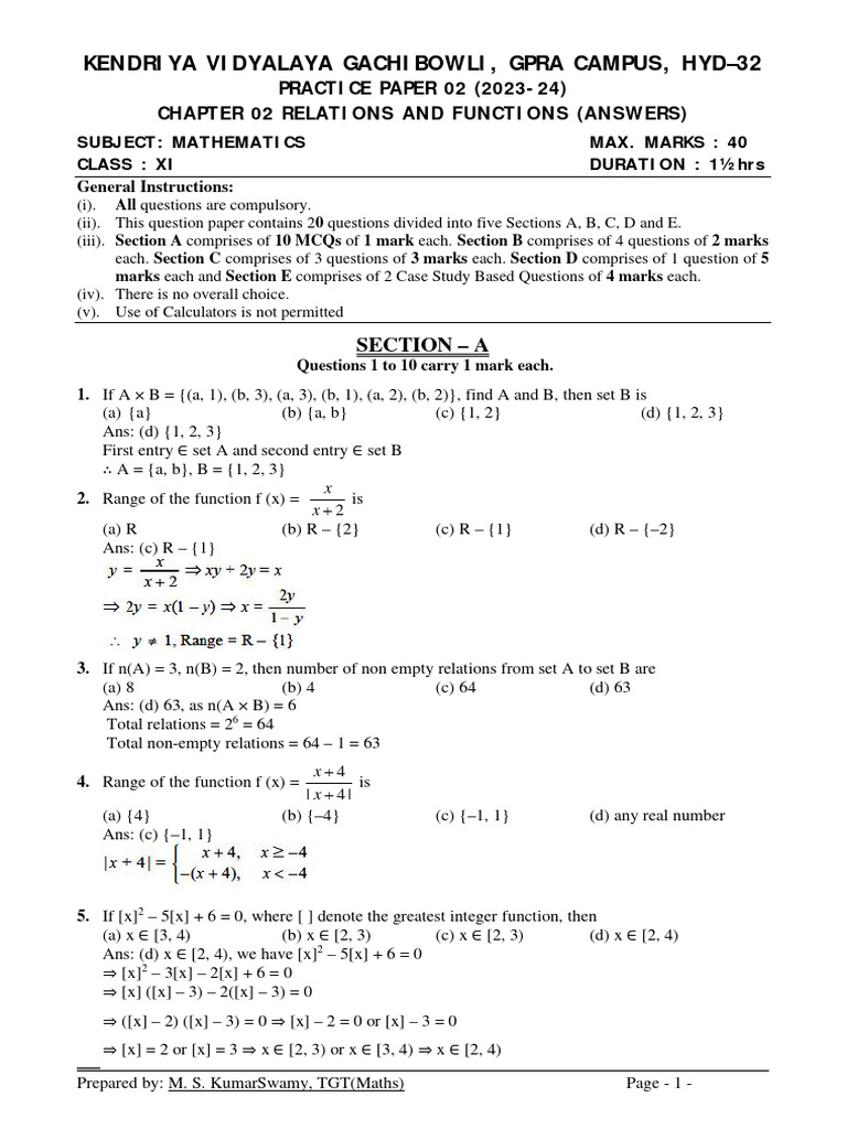 Maths Class Xi Chapter 02 Relations and Functions Practice Paper 02 ...