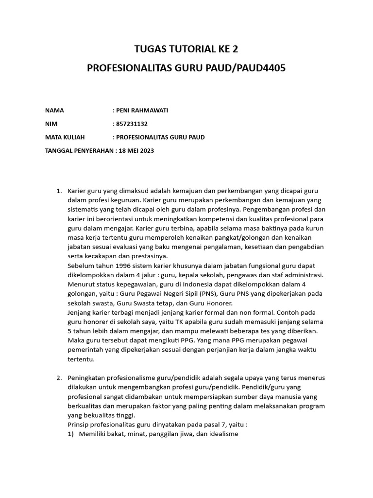 TUGAS TUTORIAL KE 2 Profesionalitas Guru PAUD | PDF