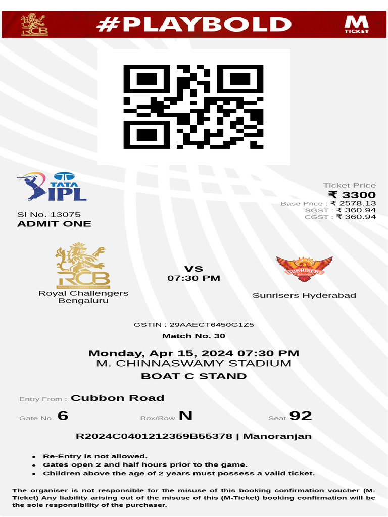 RCB vs SRH Match Ticket Details | PDF