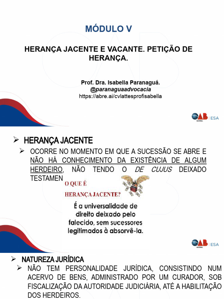 MÓDULO VII Herança Jacente e Vacante. Petição de Herança. | PDF ...
