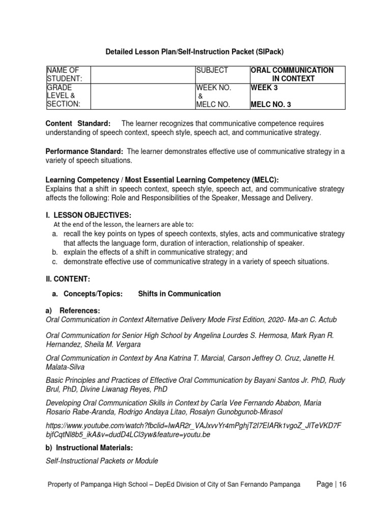 Oral Communication: Week 3 Lesson Plan | PDF | Communication | Learning