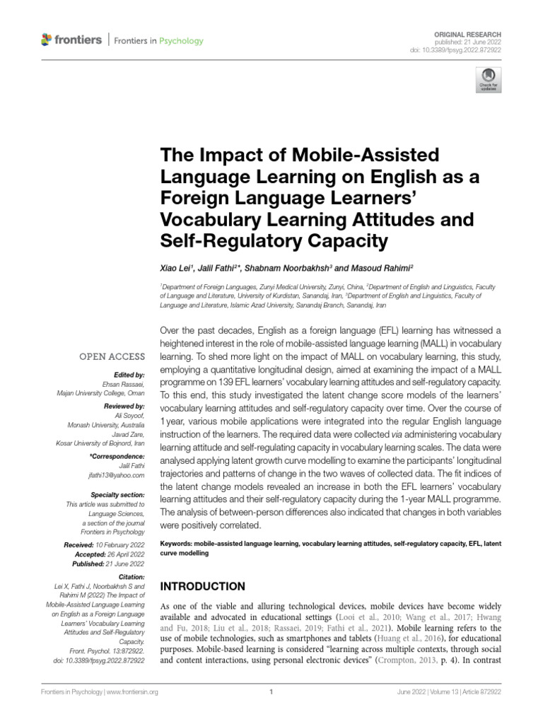 Impact Of Mobile Assisted Language Learning On Efl Learners Vocabulary Learning Pdf Learning