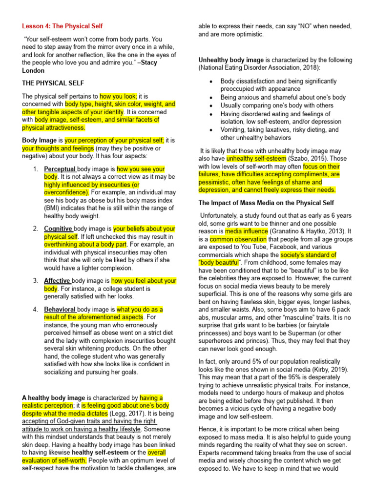 Lesson 4 The Physical Self | PDF | Body Image | Self Esteem