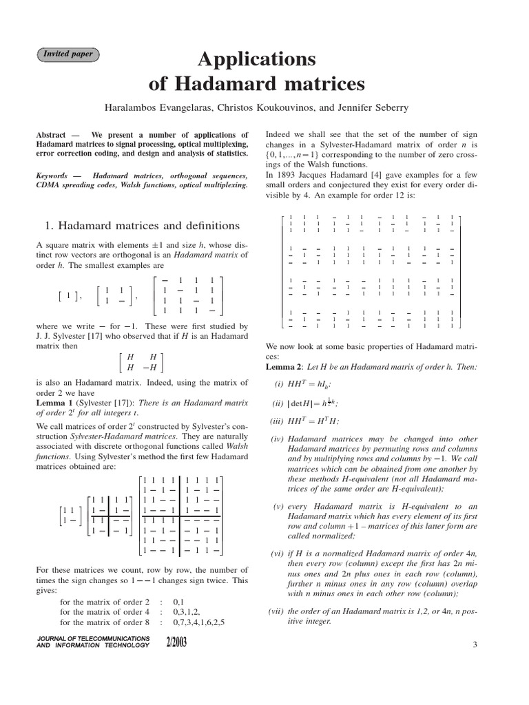 Applications of Hadamard Matrices | PDF | Matrix (Mathematics) | Mathematical Objects