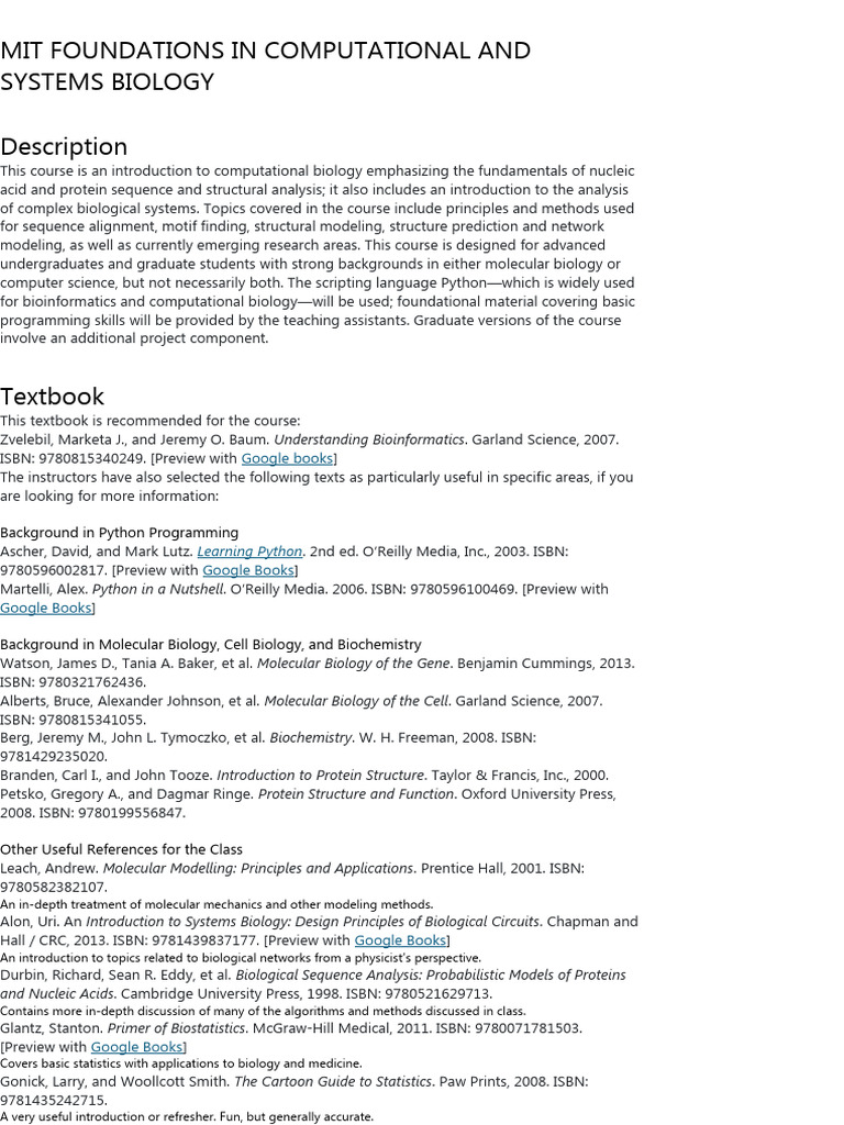 MIT Computational and Systems Biology | PDF | Methodology | Bioinformatics