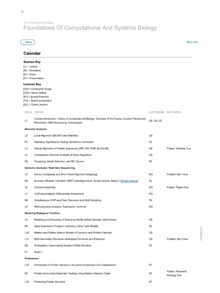 MIT Computational and Systems Biology Course Outline | PDF