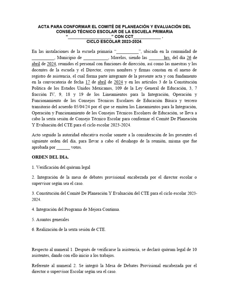 Acta para Conformar El Comité de Planeación y Evaluación Del Cte 2024 ...